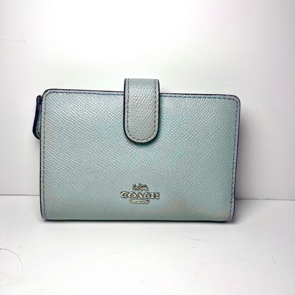 Coach | Bags | Coach Light Blue Shimmery Saffiano Leather Bifold Wallet ...